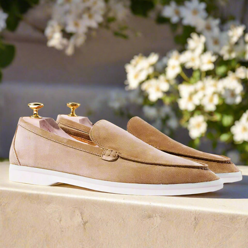 Beige Suede Leather Summer Loafer Shoes for Men | The Royale Peacock