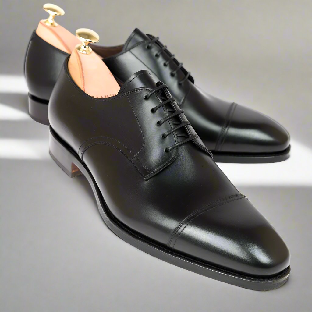 Black Leather Toe Cap Formal Derby Shoes for Men ⭐⭐⭐⭐⭐ – The Royale Peacock
