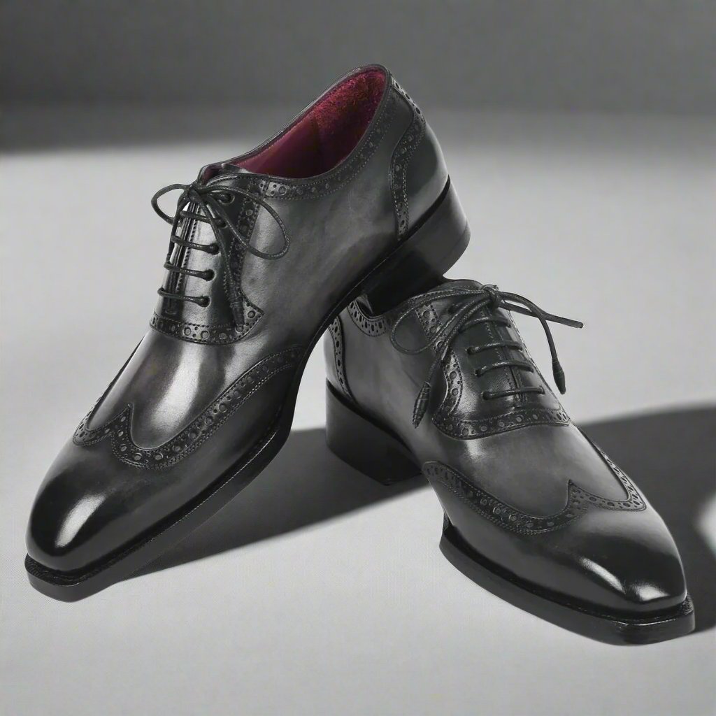 Dark Grey Leather Wingtip Oxford Shoes for Men | The Royale Peacock