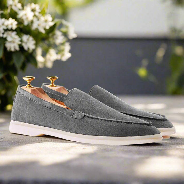 Grey Suede Leather Summer Loafer Shoes for Men | The Royale Peacock